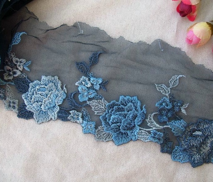2 Yards Lace Blue Lace Trim Emborideried Rose Tule Lace 3.93 | Etsy