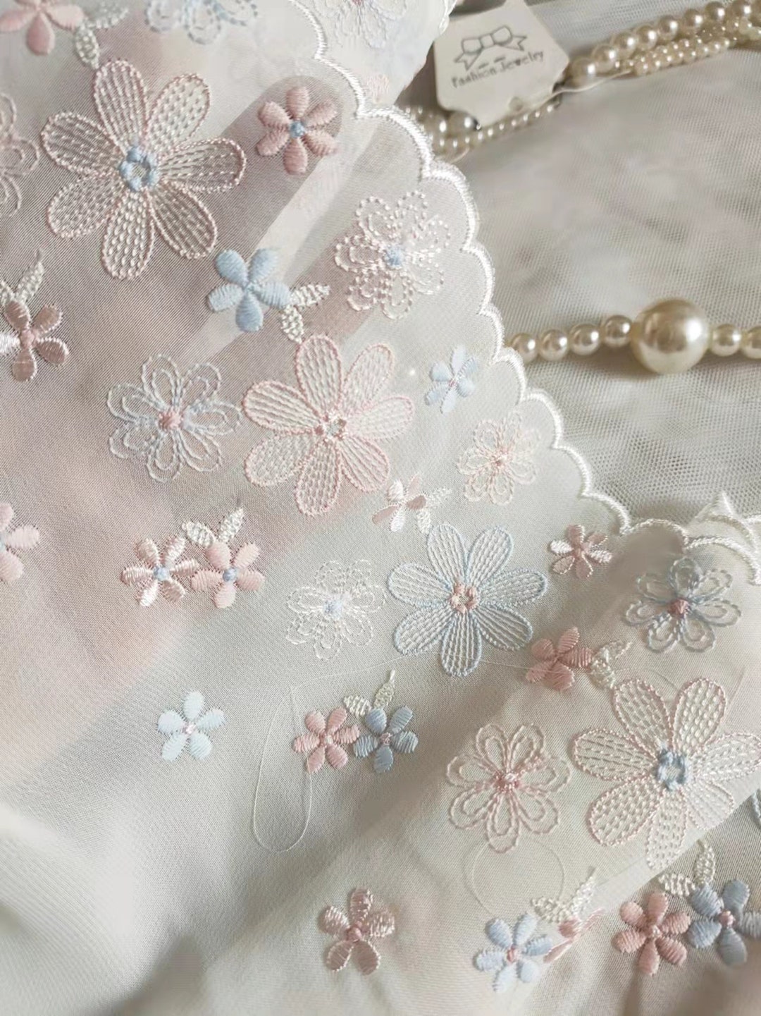 2 Yards Lace Trim Lovey Pink Blue Daisy Flowers Embroidered Ivory ...
