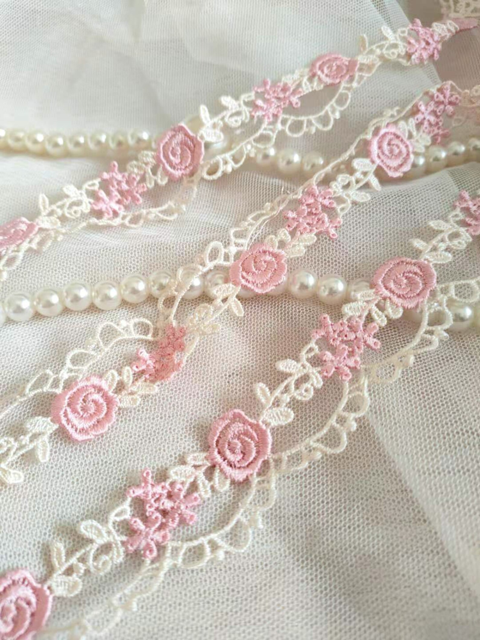 3 Yards Lace Trim Lovely Pink Roses Flowers Venice Lace Trim 1 Inch ...