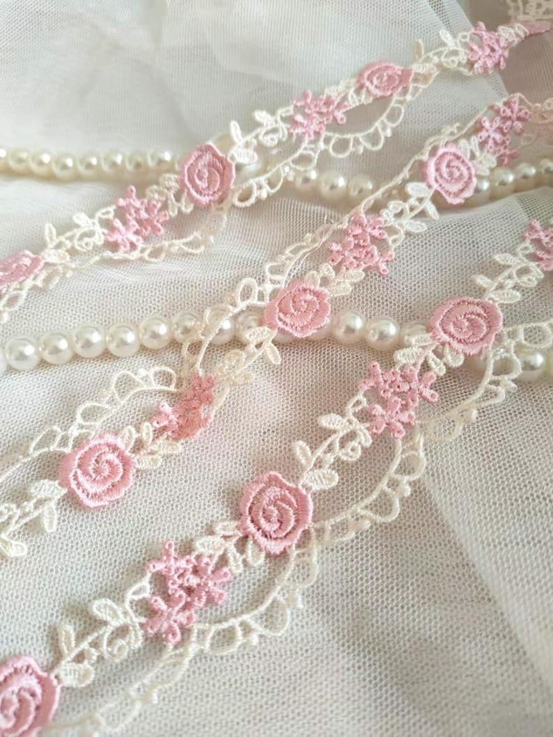 3 Yards Lace Trim Lovely Pink Roses Flowers Venice Lace Trim 1 - Etsy