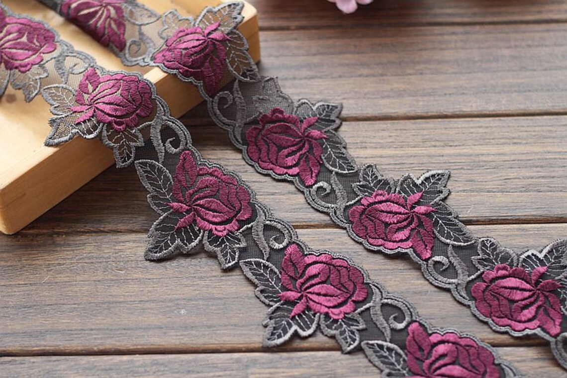 2 Yards Embroidered Lace Trim Dark Red Tulle Lace Venice | Etsy