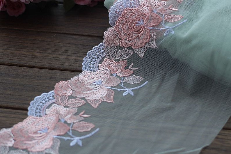 2 Yards Lace Trim Rose Flower Embroidered Cyan Tulle Lace 7.87 | Etsy