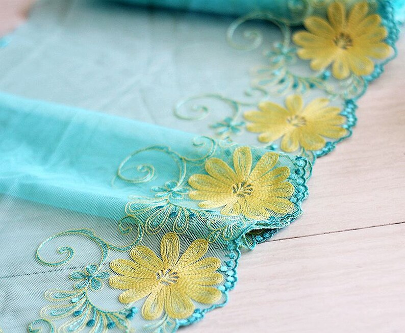 2 Yards Lace Trim Yellow Flower Embroidered Cyan Tulle Lace - Etsy