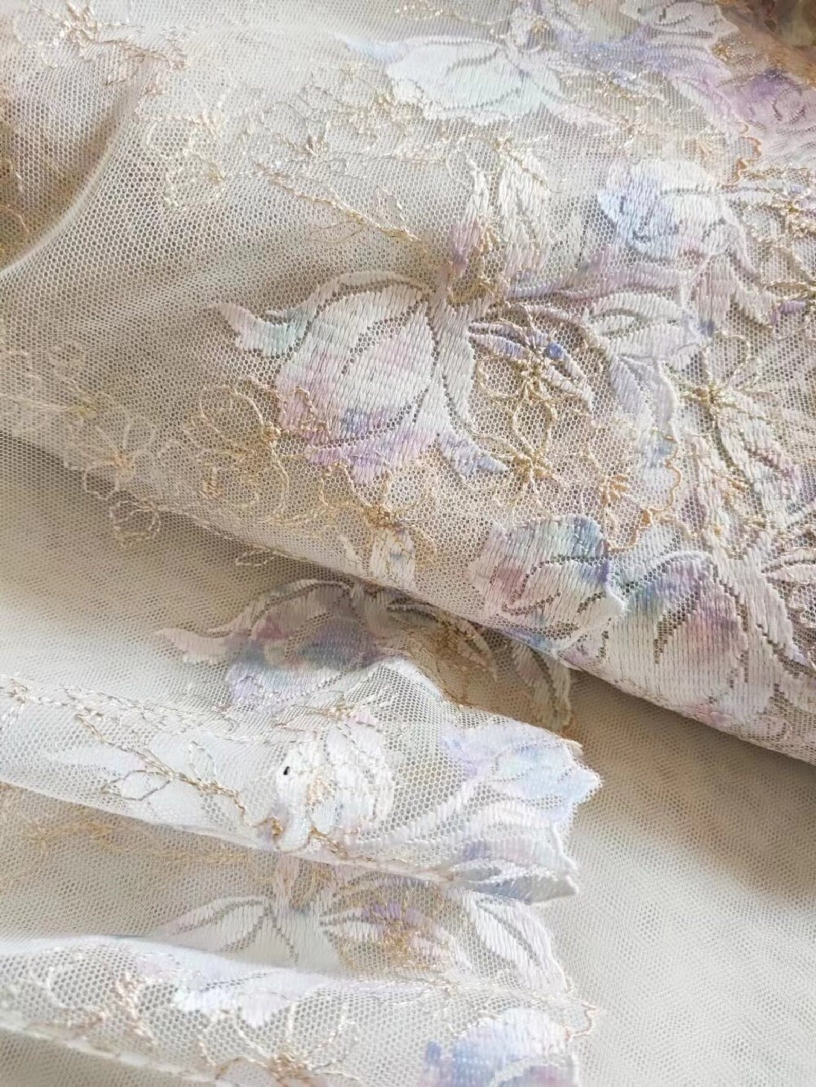 Gorgeous Lace Trim Colored Flowers Embroidered Cream White Tulle Lace ...