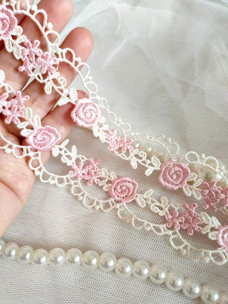 3 Yards Lace Trim Lovely Pink Roses Flowers Venice Lace Trim 1 - Etsy
