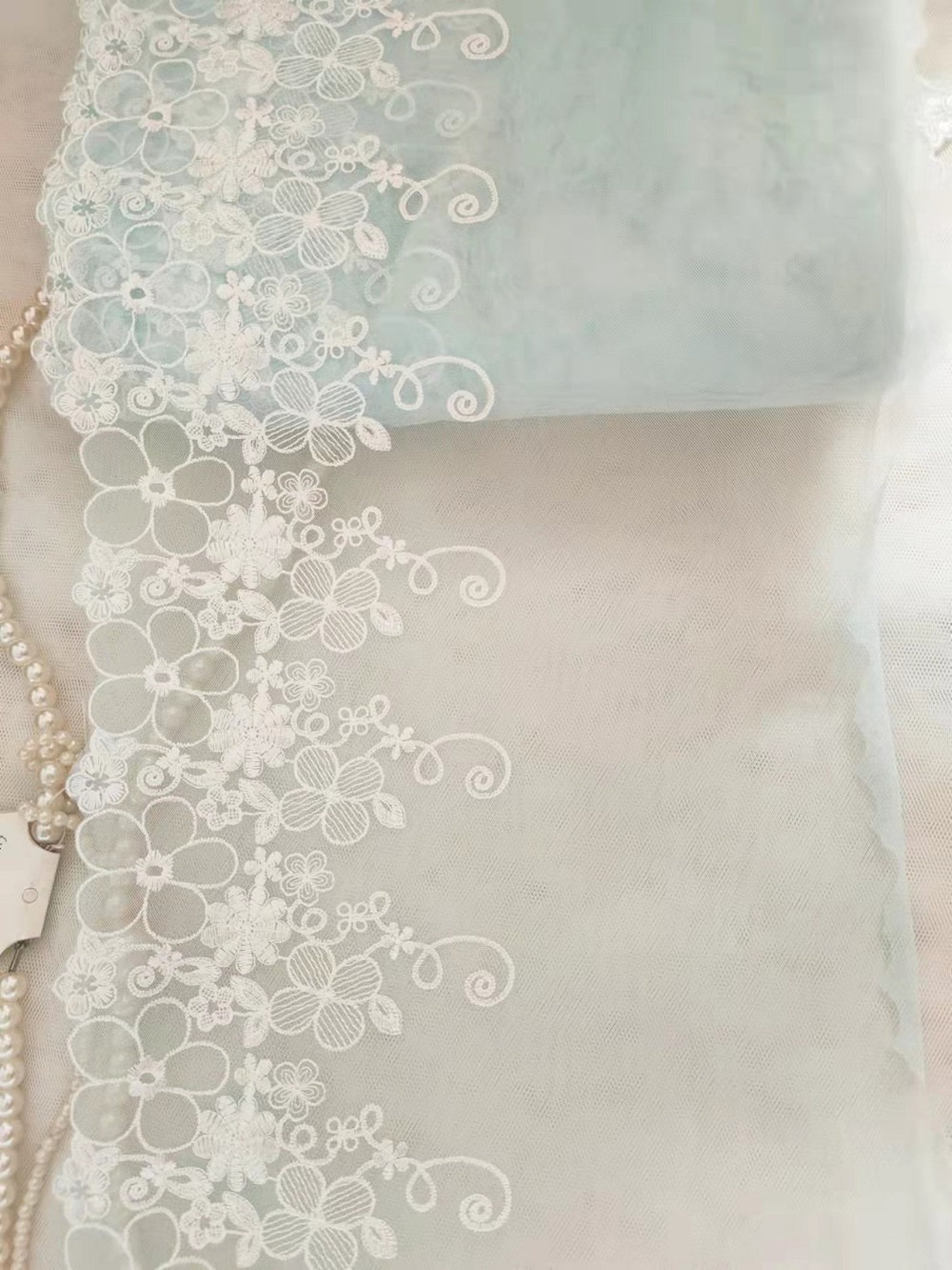2 Yards Lace Trim Cream Flower Embroidered Sky Blue Tulle Lace Trim 7. ...