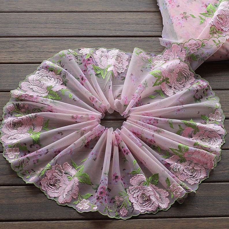 2 Yards Lace Trim Pink Rose Floral Embroidered Scalloped Tulle Lace 7. ...