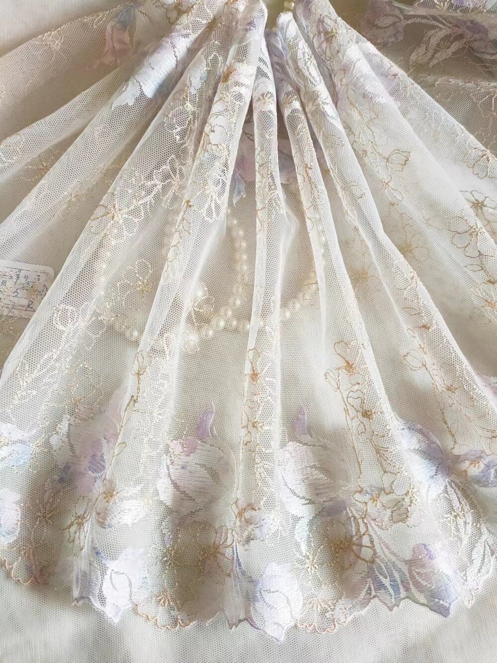 Gorgeous Lace Trim Colored Flowers Embroidered Cream White Tulle Lace ...