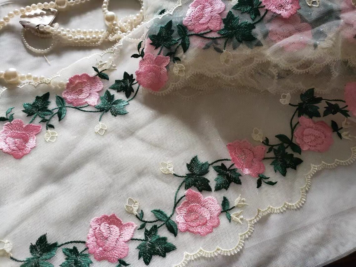 Gorgeous Tulle Lace Trim Pink Rose Flowers Floral Embroidered - Etsy