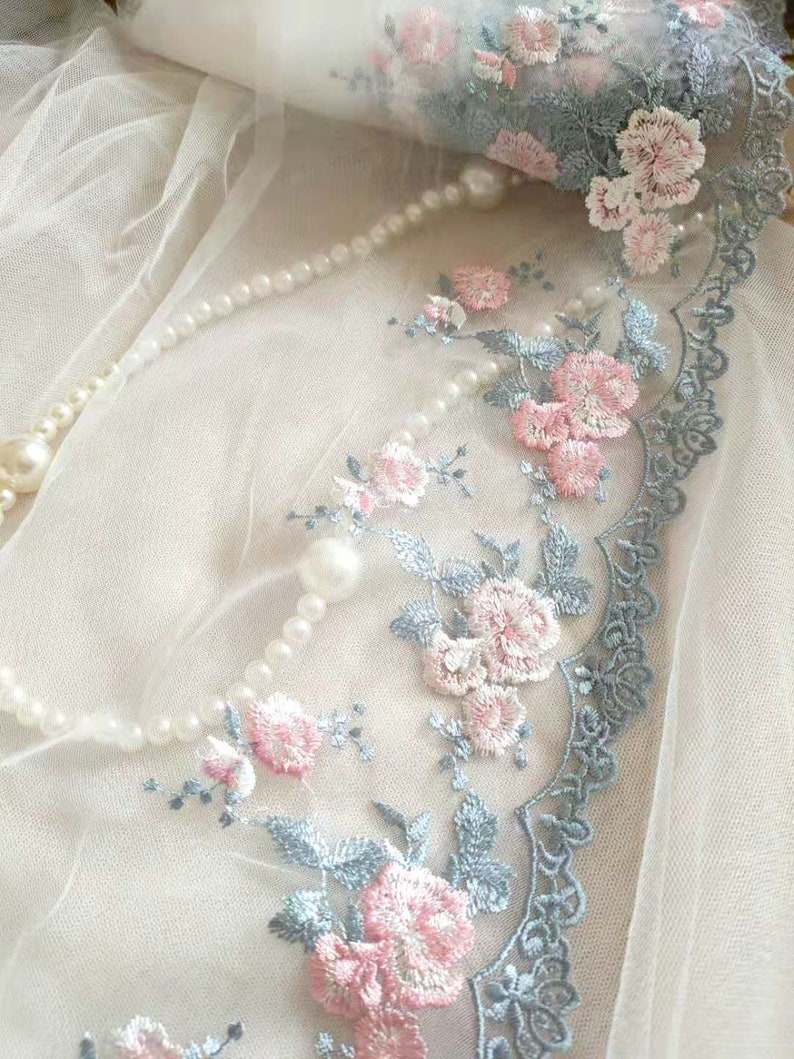 Lovely Tulle Lace Trim Grey Pink Floral Embroidered Lace Trim 7 Inches ...