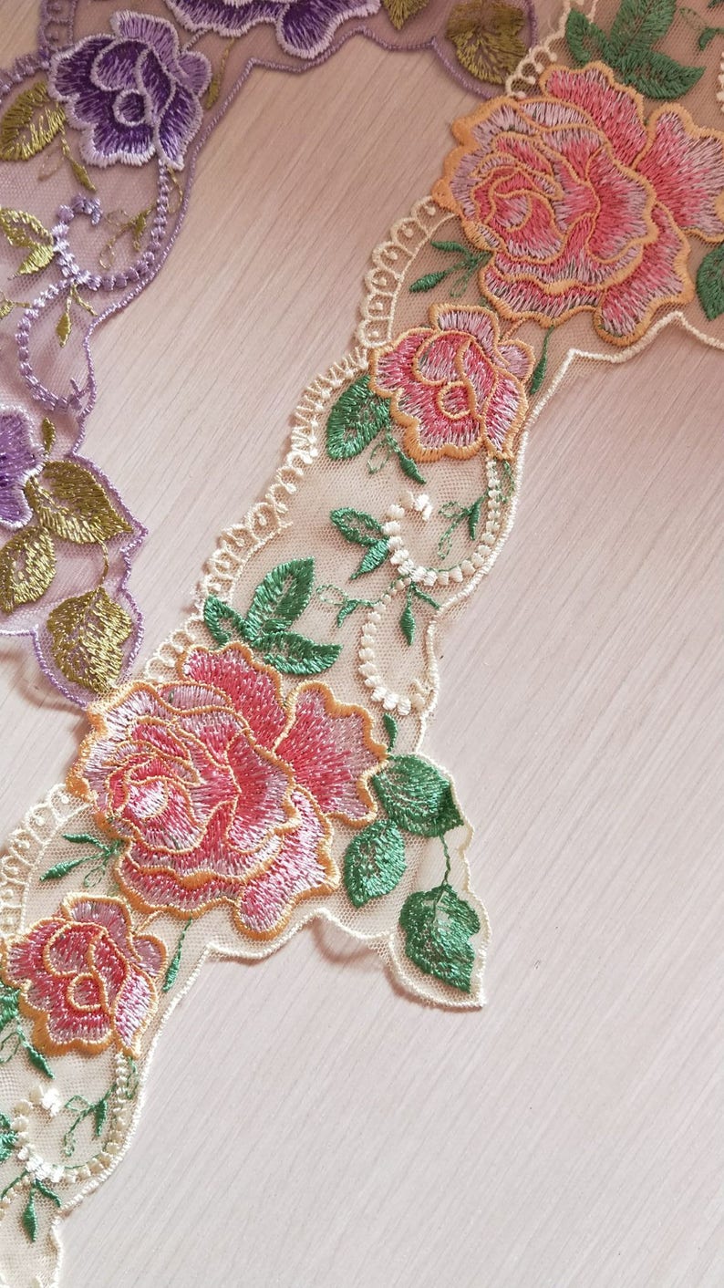 2 Yards Big Rose Embroidered Lace Trim Scalloped Tulle Lace | Etsy