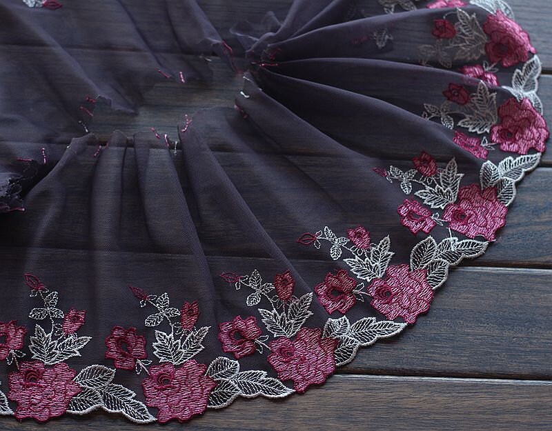 2 Yards Lace Trim Dark Red Rose Flowers Embroidered Tulle Lace - Etsy