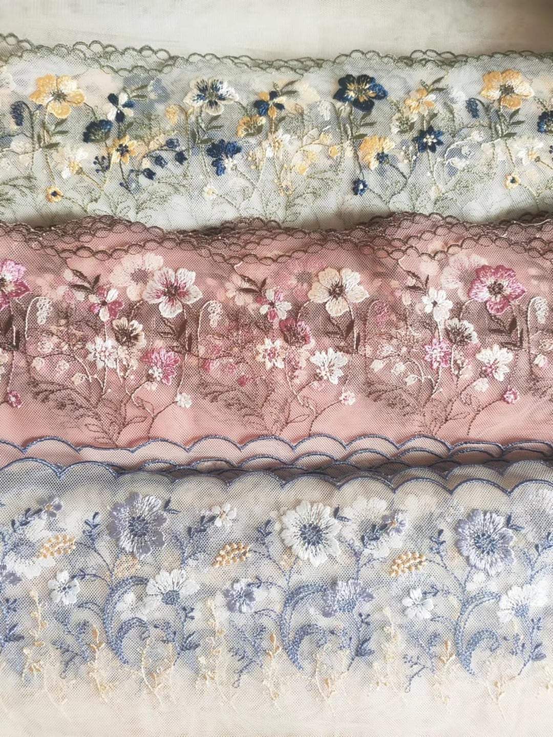 3 Colors Lace Trim Floral Embroidered Tulle Lace 7.48 Inches Wide High ...