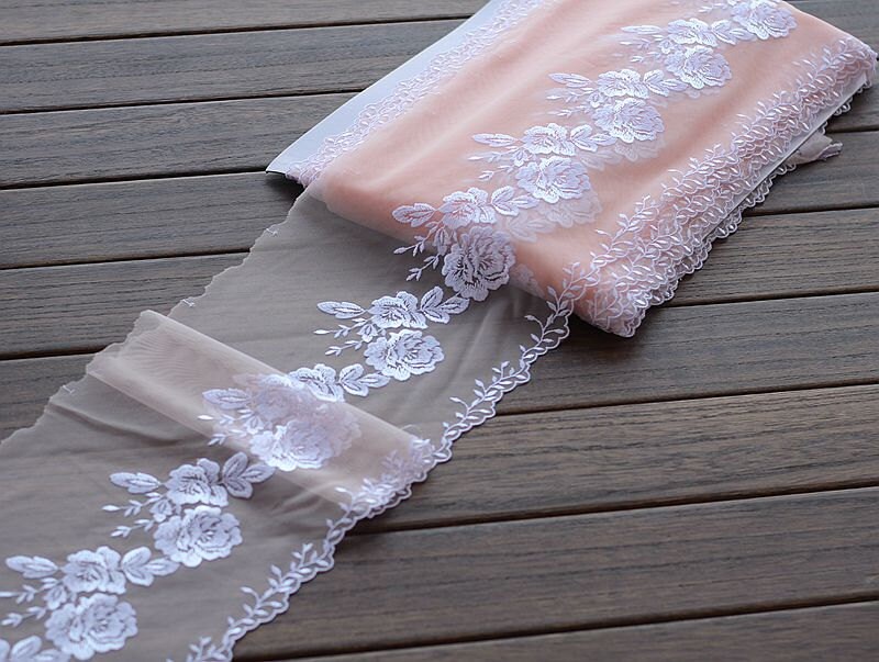2 Yards Lace Trim Floral Embroidered Peachy Pink Tulle Lace 7 | Etsy