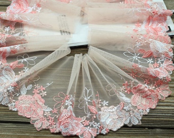 0.8 Yards Lace Trim Fink Flower Embroidered White Tulle Lace - Etsy