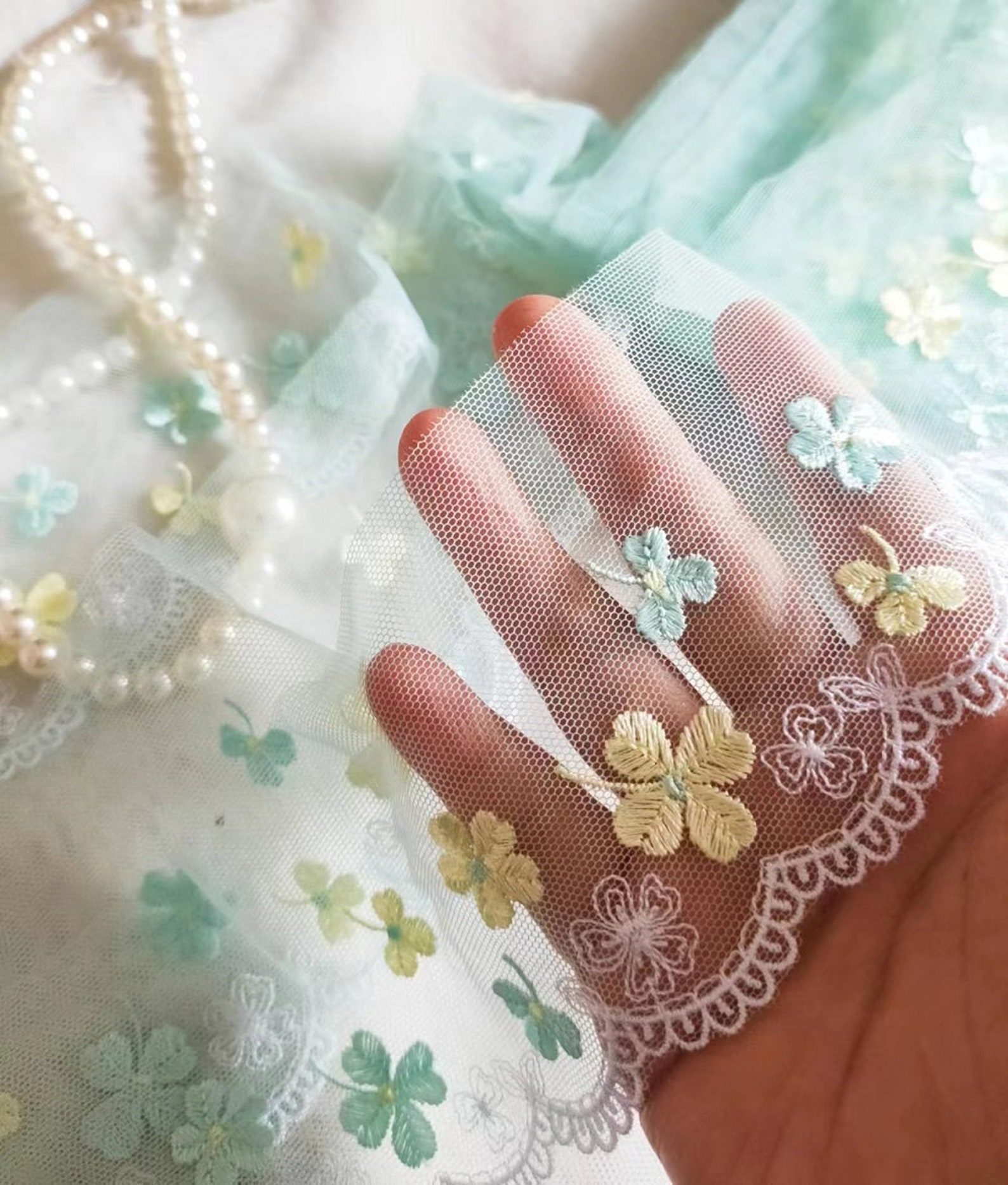 2 Yards Lace Trim Floral Clover Embroidered Tulle Lace Trim 8.26 Inches ...