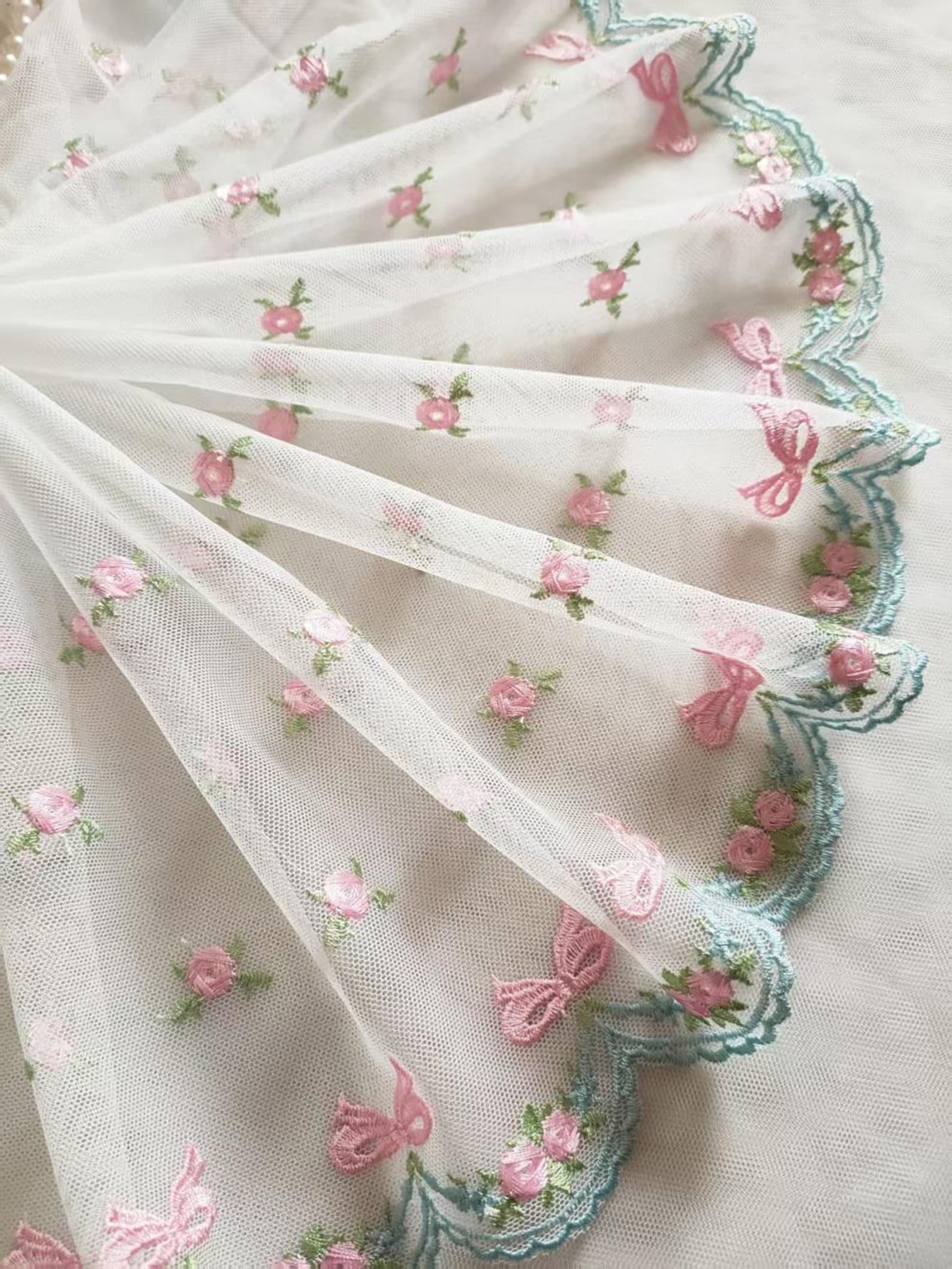 2 Yards Lace Trim Lovely Pink Bow Flowers Embroidered Cream White Tulle ...