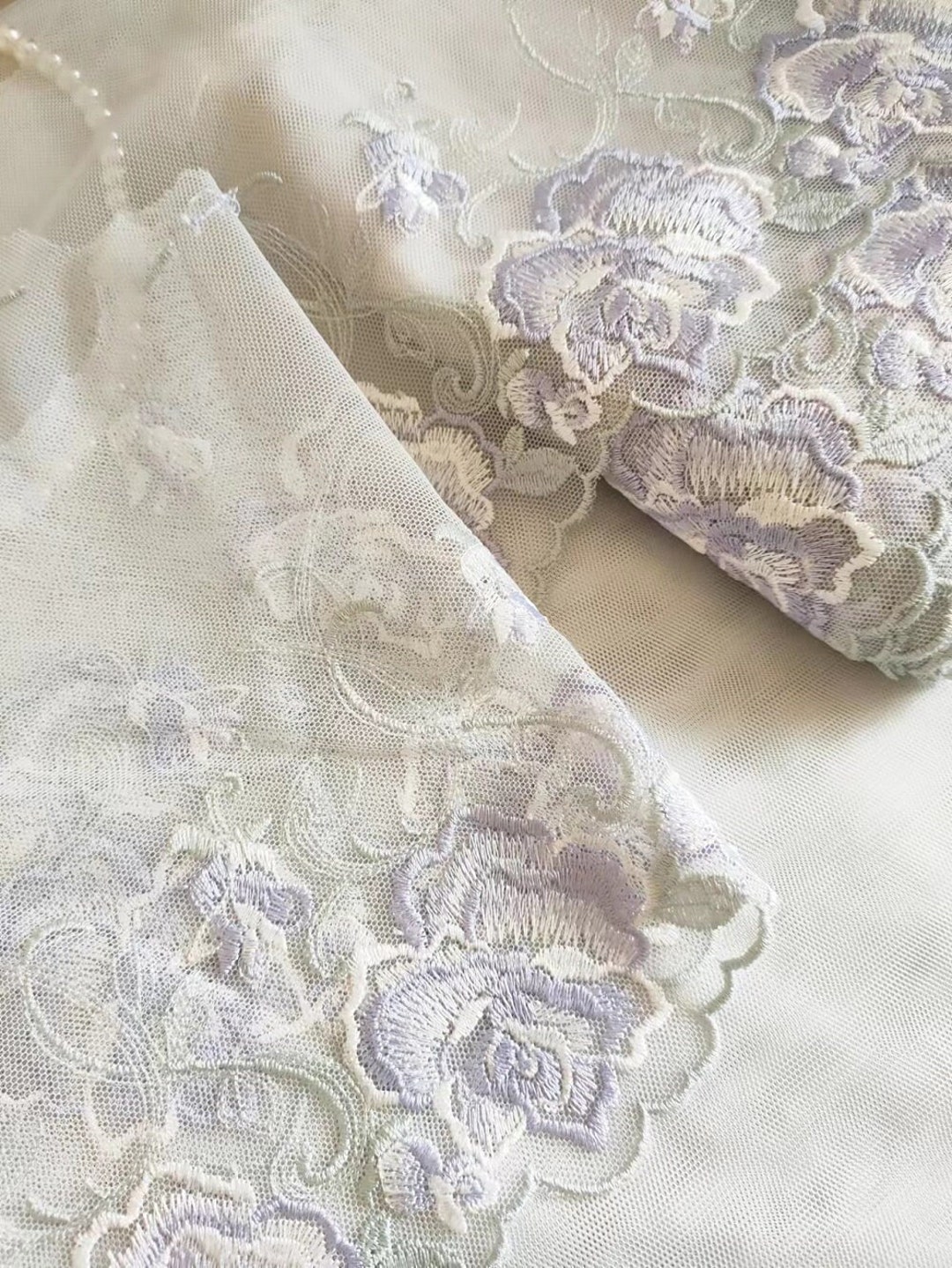 2 Yards Lace Trim Light Purple Flowers Embroidered Ivory Tulle Lace 7 ...