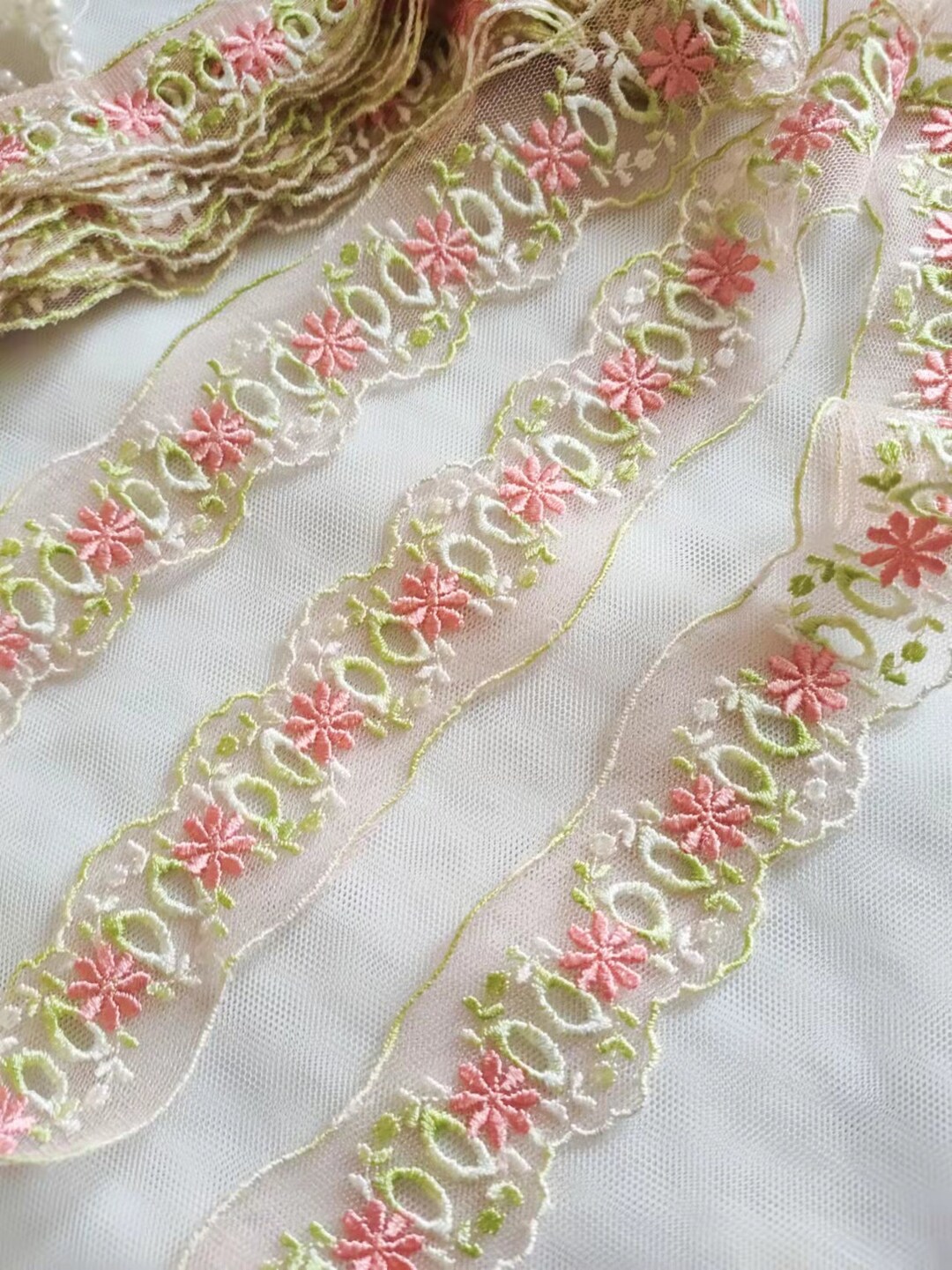 2 Yards Lace Trim Lovely Pink Green Flowers Embroidered Tulle - Etsy