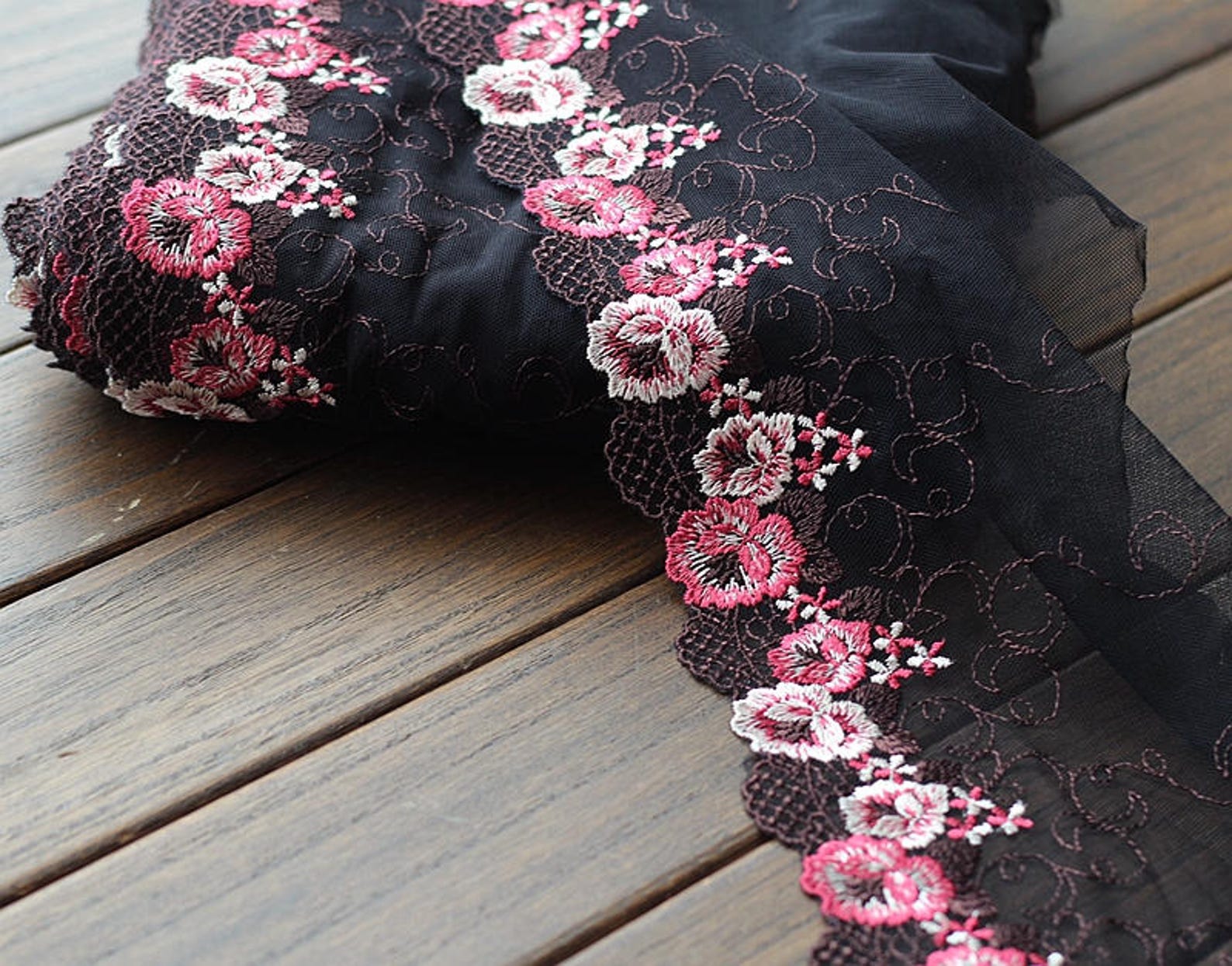 2 Yards Lace Trim Pink Rose Flowers Floral Embroidered Black | Etsy