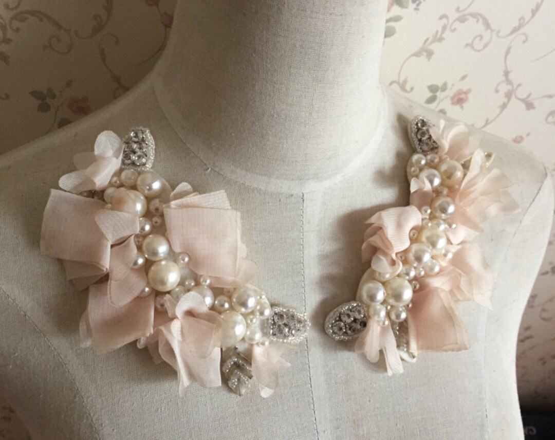 2 Pcs Pearl Beaded Applique Light Pink Chiffon Leaves Corsage Collar ...
