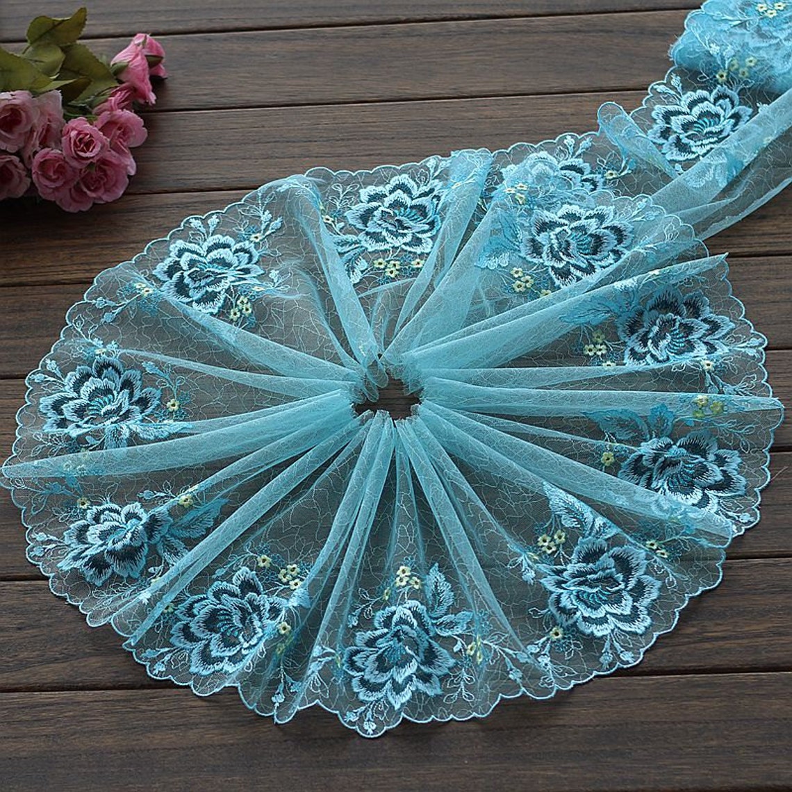 2 Yards Lace Trim Exquisite Cyan Flowers Embroidered Tulle | Etsy