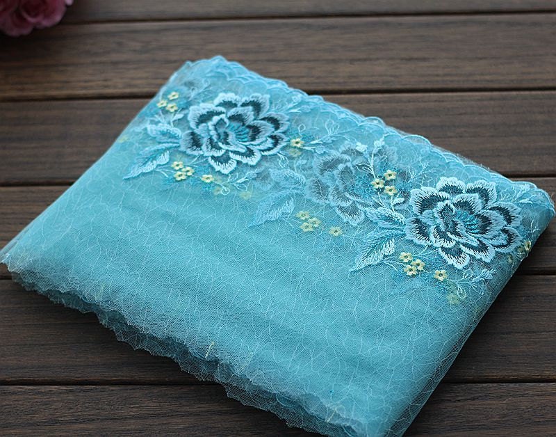 2 Yards Lace Trim Exquisite Cyan Flowers Embroidered Tulle | Etsy