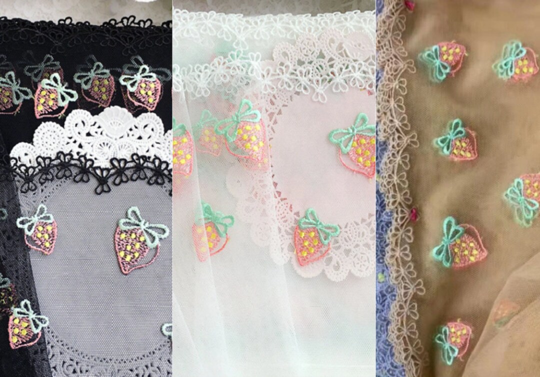 3 Colors 2 Yards Lace Trim Lovely Strawberry Bows Embroidered Cream ...