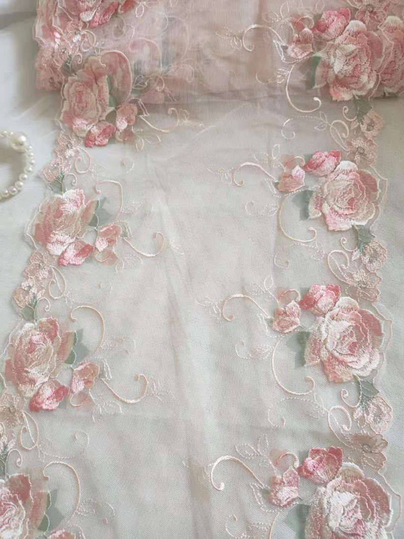 Gorgeous Tulle Lace Trim Pink Rose Flowers Floral Embroidered | Etsy