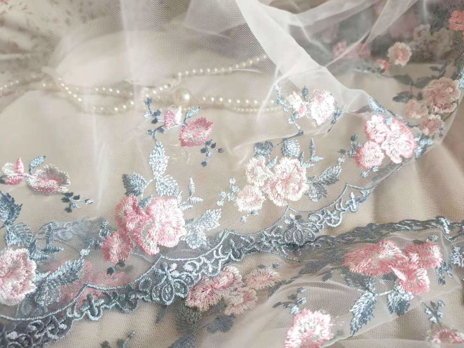 Lovely Tulle Lace Trim Grey Pink Floral Embroidered Lace Trim 7 Inches ...