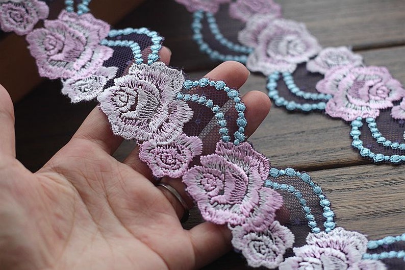 2 Yards Lace Trim Pink Rose Floral Embroidered Tulle Lace 1.96 Inches ...