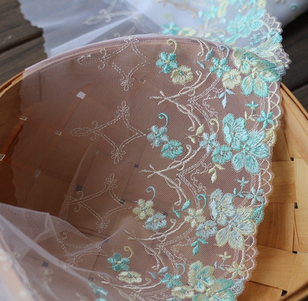 2 Yards Lace Trim Cyan Flowers Floral Embroidered Tulle Lace 7.48 ...