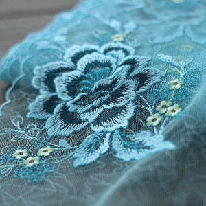 2 Yards Lace Trim Exquisite Cyan Flowers Embroidered Tulle Lace 7.87 ...