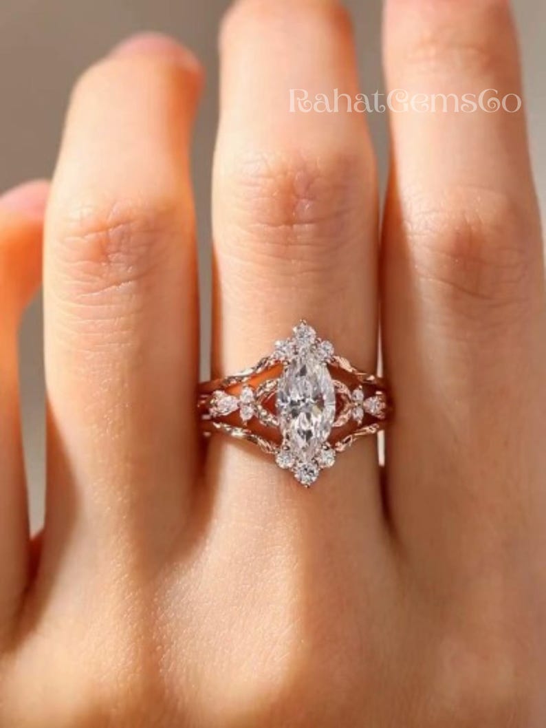 4.00CT Marquise Moissanite Engagement Ring, 14K Rose Gold Floral Vine ...