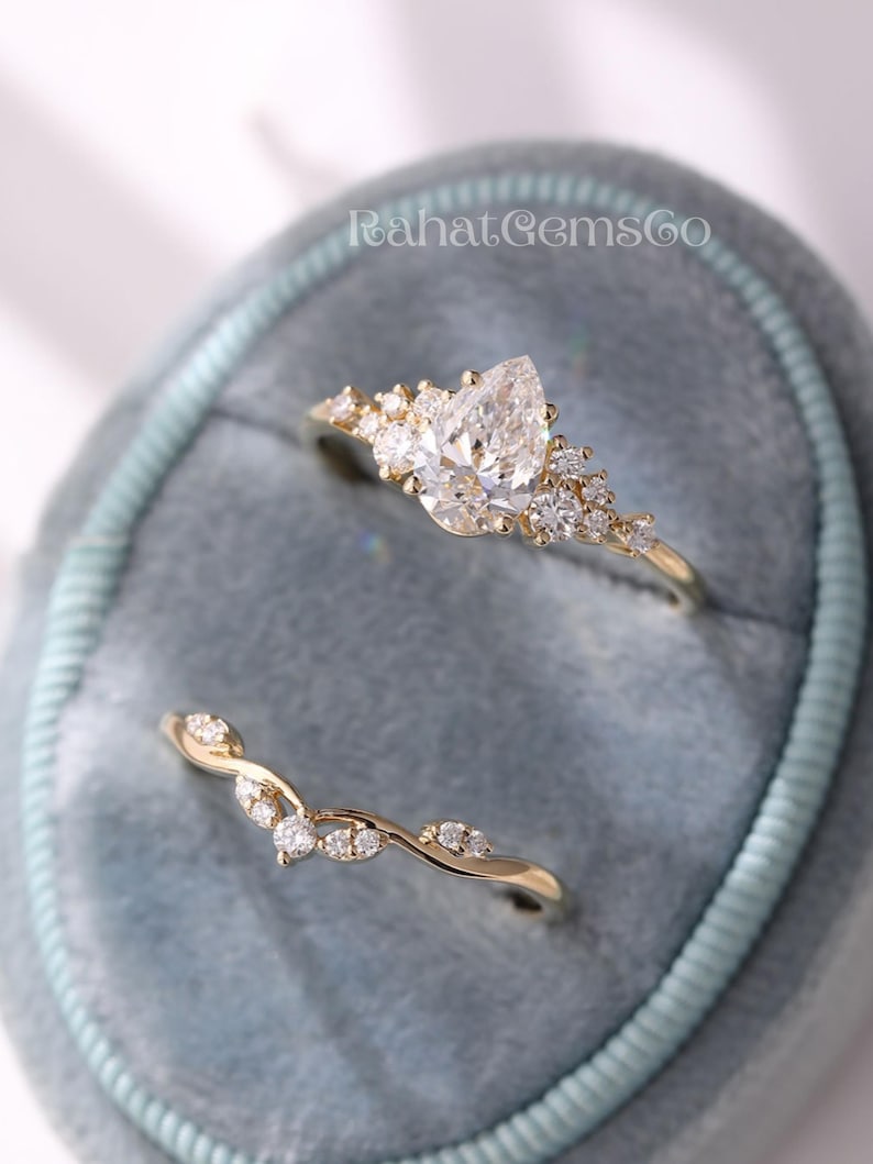 3CT Pear Moissanite Engagement Ring Set, 14K Yellow Gold Bridal Wedding ...