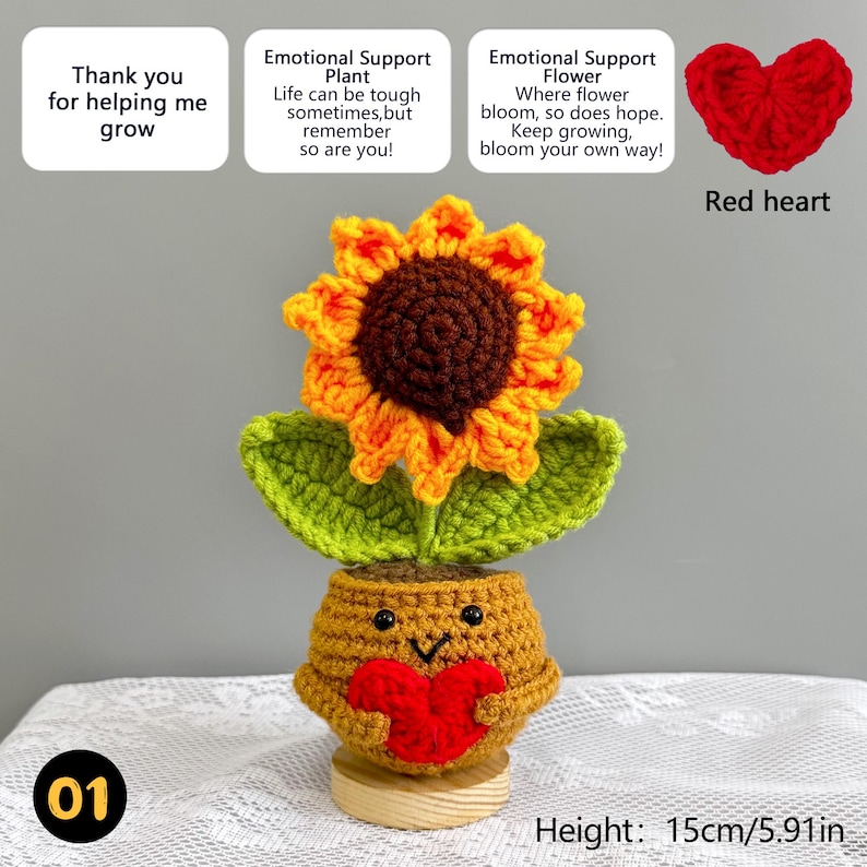 Handmade Crochet Sunflower Flowers With Hugging Heart,emotional Support ...