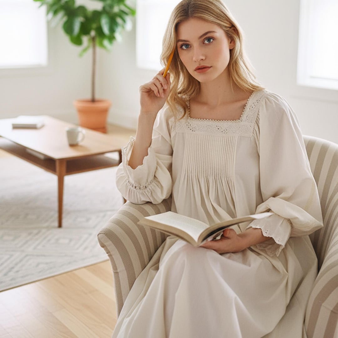Vintage Lace Cotton Nightgown: Romantic Victorian Long Sleeve Sleep ...