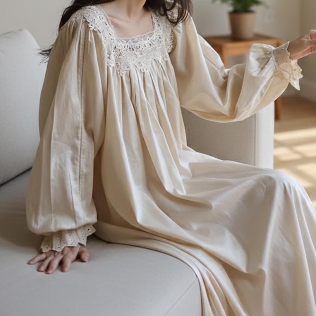 Vintage Cotton Linen Nightgown – Lace Square Neck, Long Sleeve Cream ...