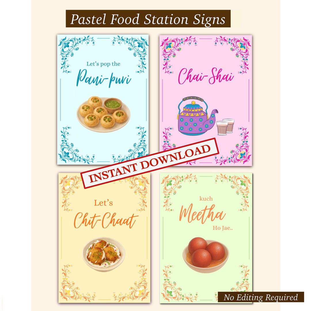 Pastel Mehndi Food Station Sign Bundle| Chai Chat Pani Puri Dessert Bar ...