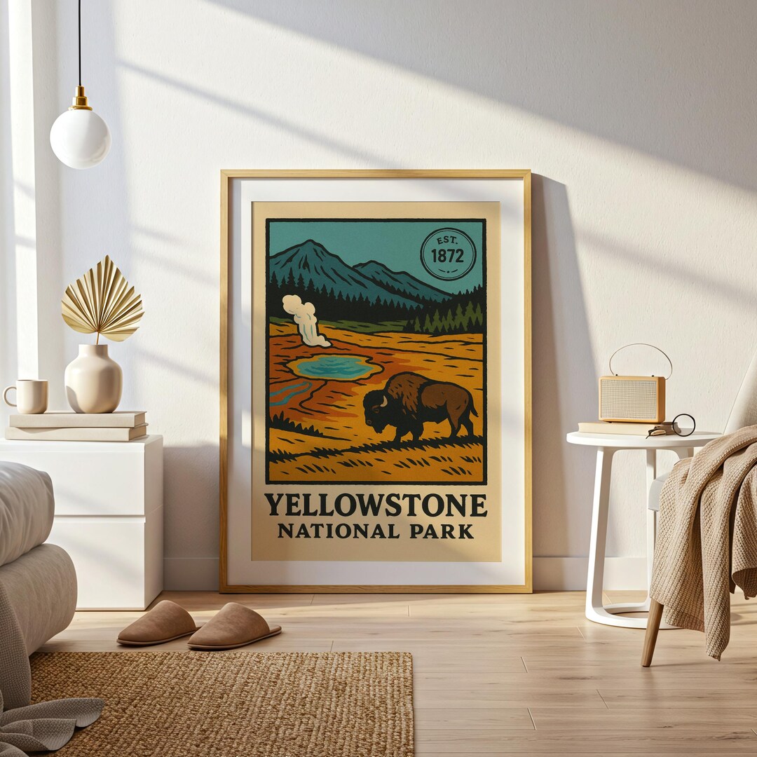Yellowstone National Park Poster, Bison & Geyser Vintage Wall Art - Etsy