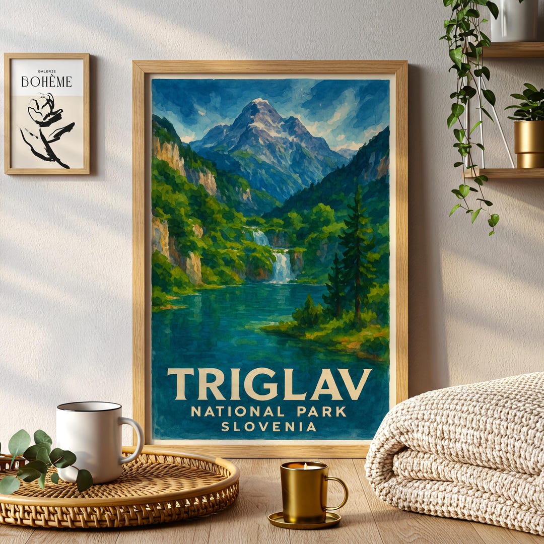 Triglav National Park Slovenia Painted Travel Poster Mountain Lake Wall ...