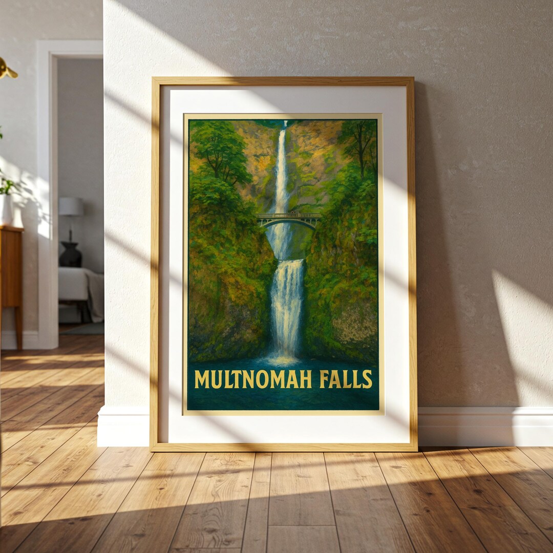 Multnomah Falls Oregon Poster Scenic Waterfall Wall Art PNW Landscape ...