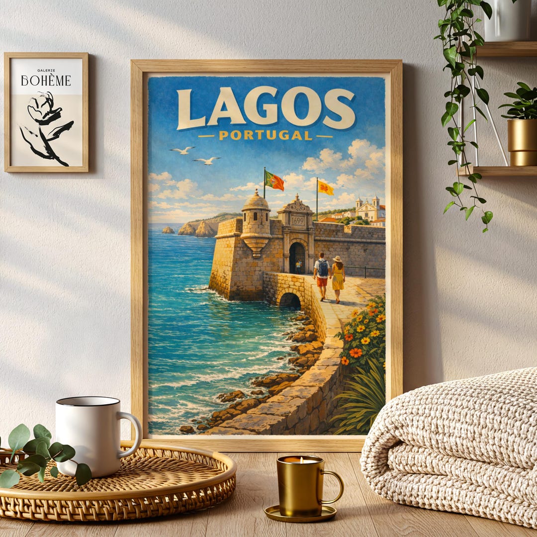 Lagos Portugal Coastal Travel Poster, Vintage Mediterranean Beach Wall ...