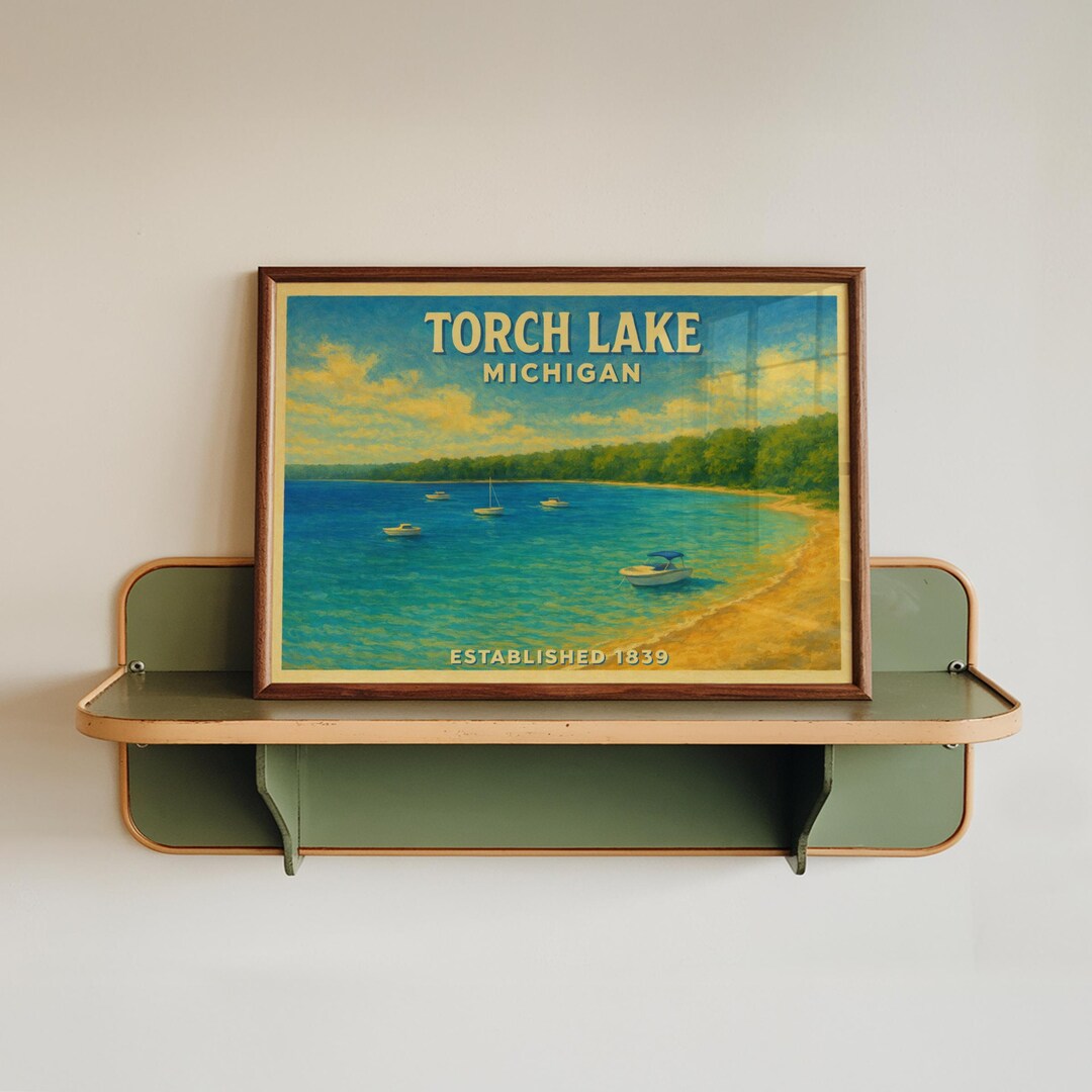 Torch Lake Michigan Poster Turquoise Water Beach Boats Summer Travel ...