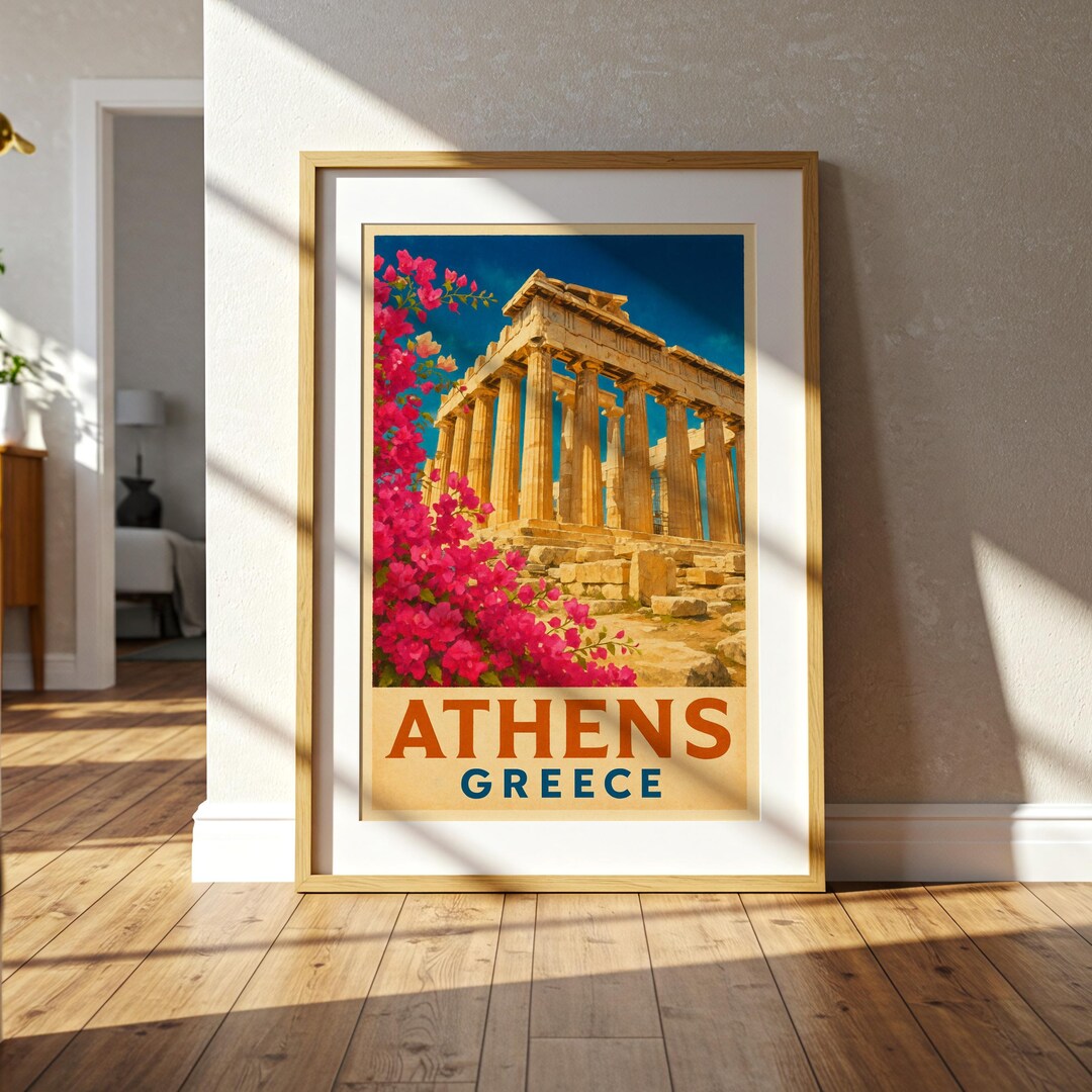 Athens Greece Parthenon Poster | Painted Acropolis With Bougainvillea ...