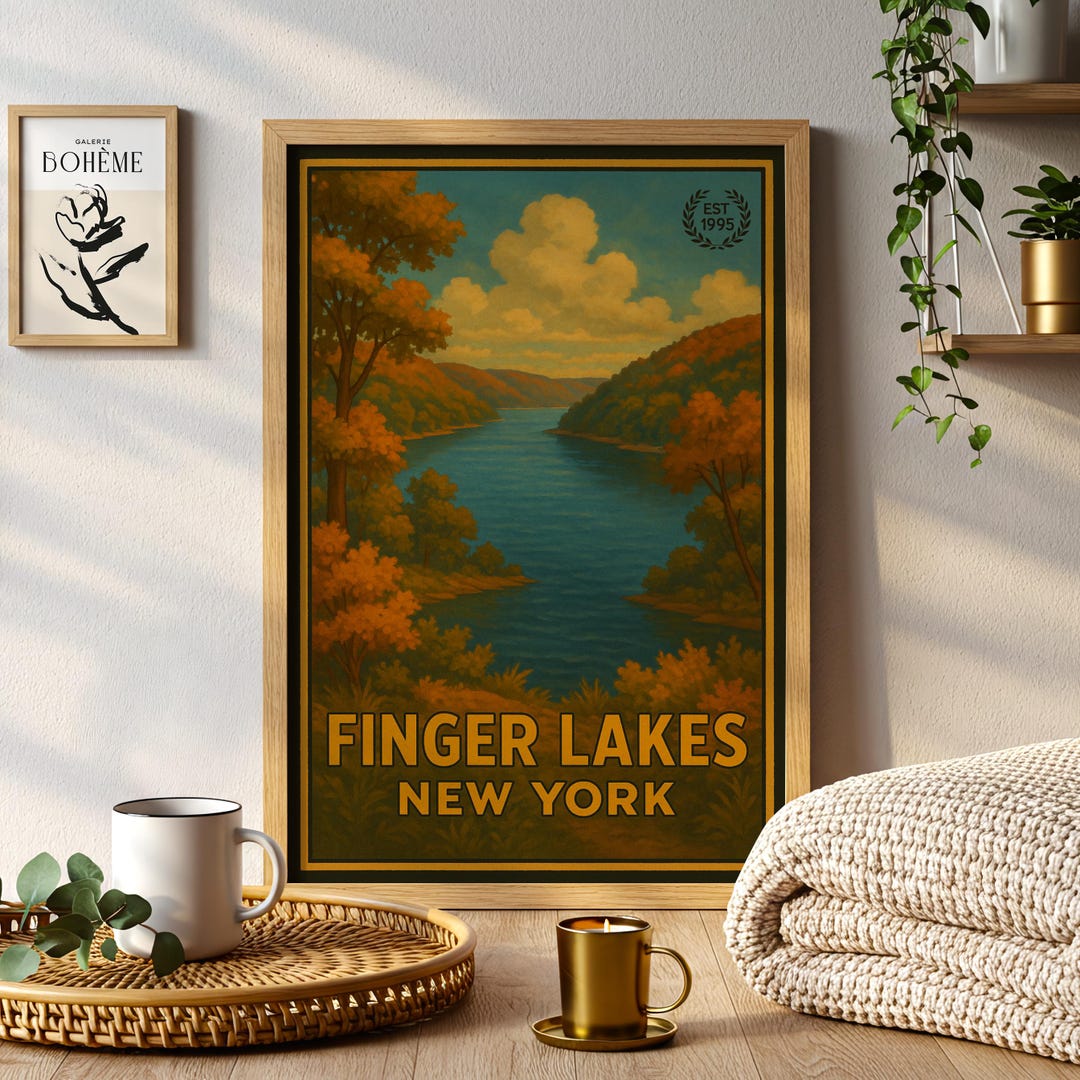 Finger Lakes Poster Painting New York Landscape Wall Art Waterfall Lake ...