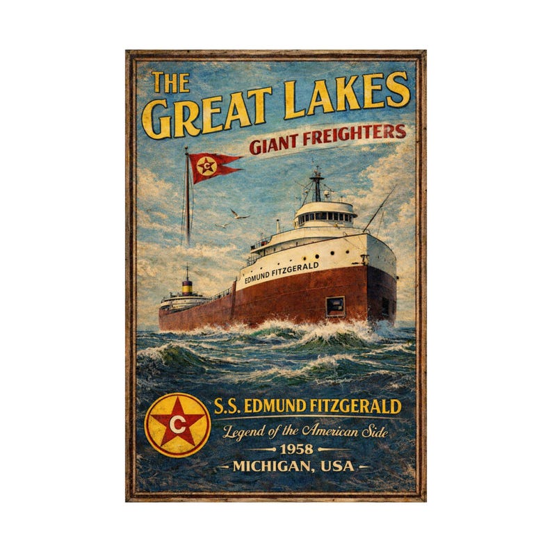 Edmund Fitzgerald Lake Superior Ship Poster Painting Great Lakes Wall ...