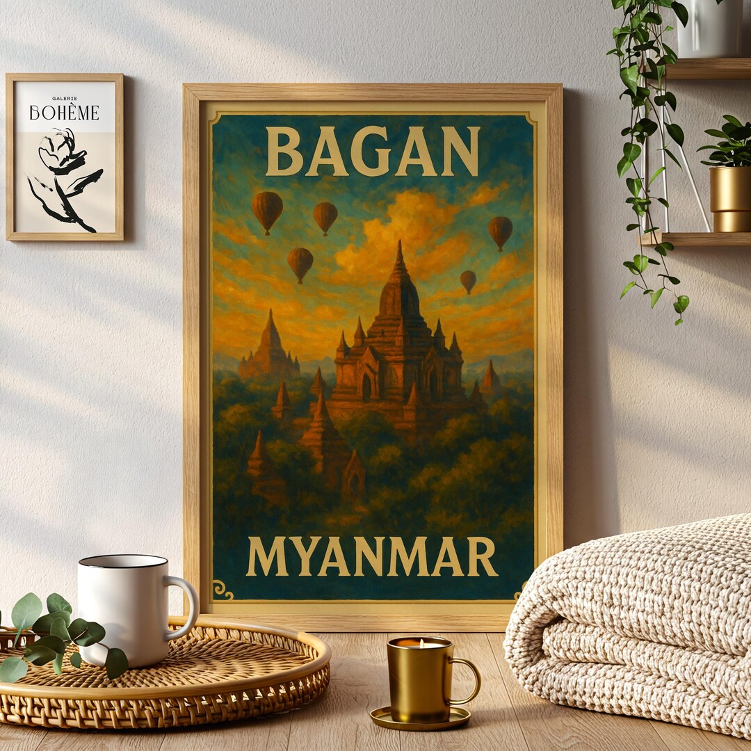Bagan Myanmar Vintage Painted Temple Landscape Travel Poster Wall Art ...