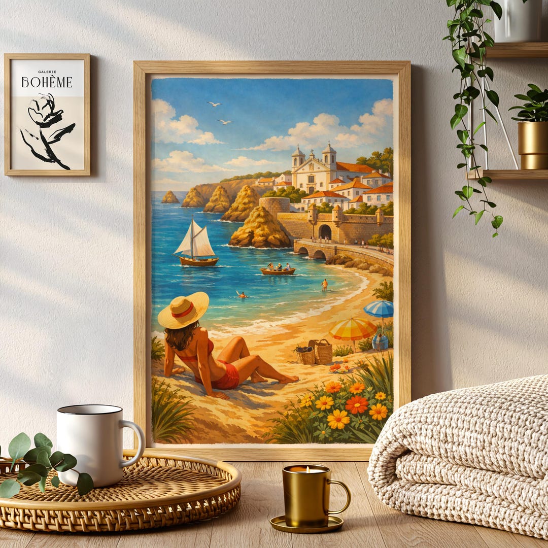 Lagos Portugal Coastal Travel Poster, Vintage Mediterranean Beach Wall ...