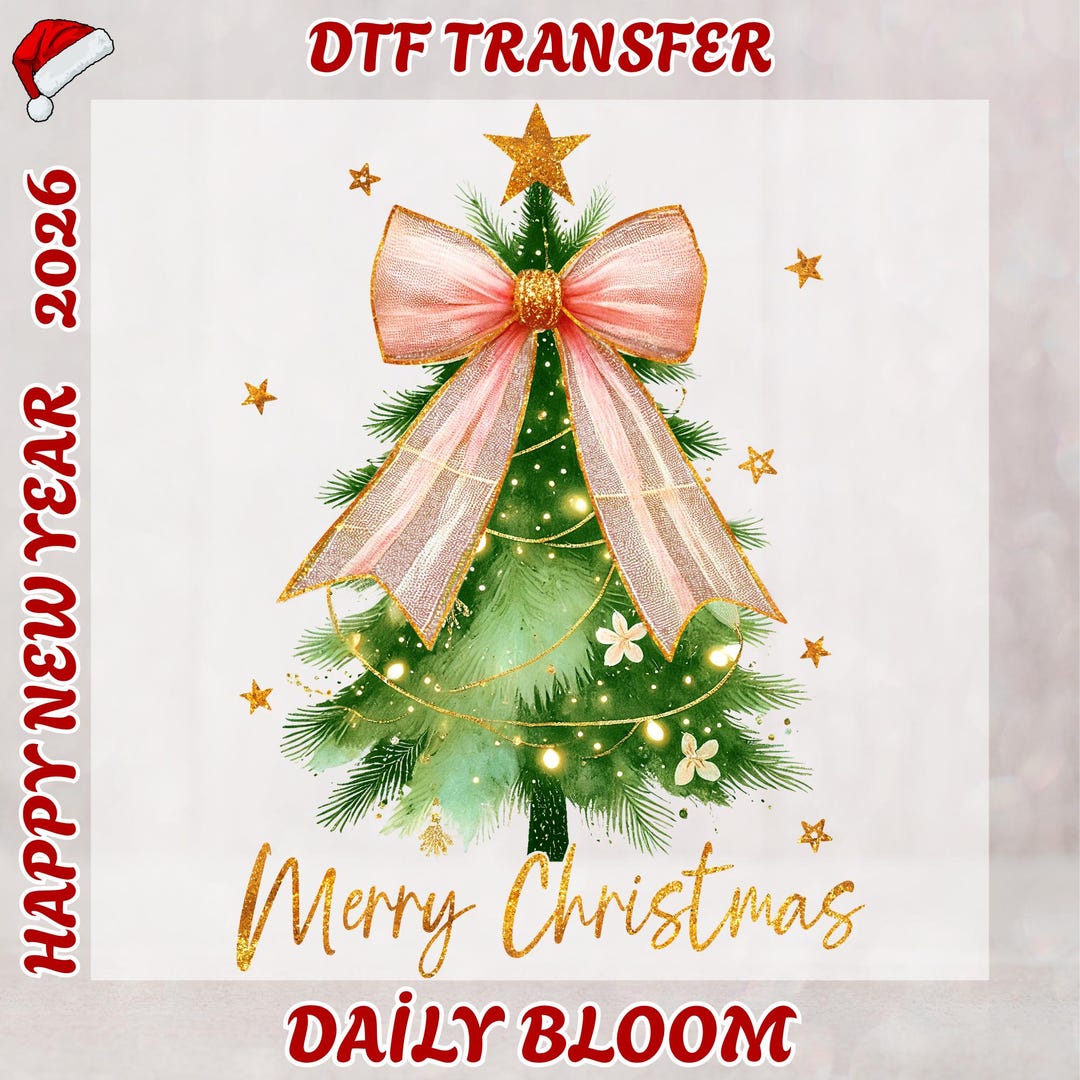 Elegant Christmas Tree DTF Transfer: Pink Bow & Gold Glitter Lights - Etsy